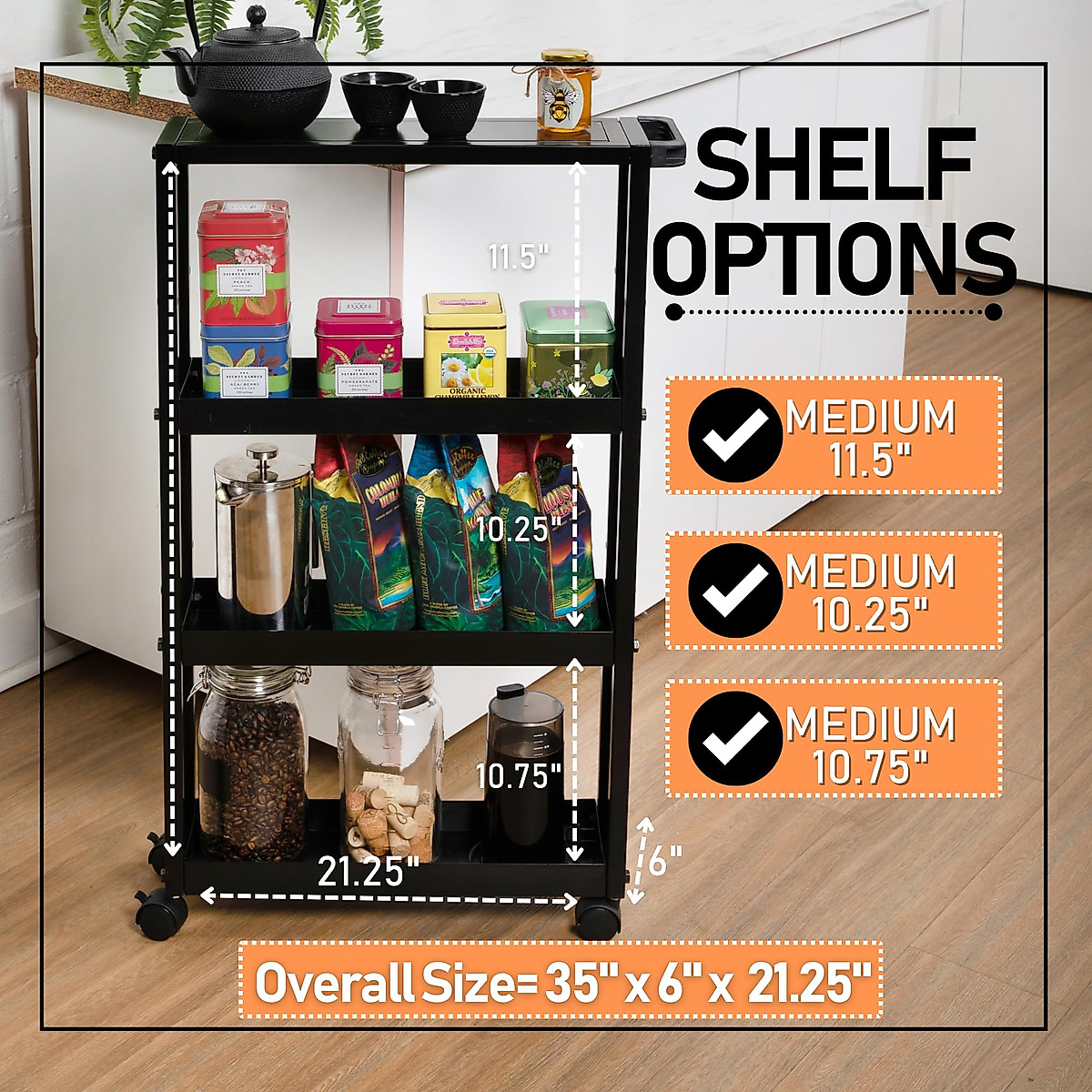 Slim Rolling Storage Cart with Wheels & Adjustable Shelving - Durable Metal Space-Saving 4 Tier Rolling Cart Ideal Kitchen - Narrow Bar Cart, Spice Rack, Utility Cart, Coffee Cart for Kitchen - WHITE