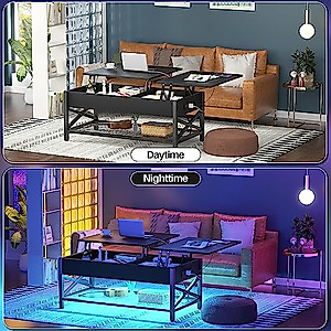 Aheaplus Coffee Table, Lift Top Coffee Table with LED Light and Power Outlet, Modern Lift-Top Table with Storage Shelf, Center Table for Living Room with Lift Tabletop, X Support, Metal Frame, Black