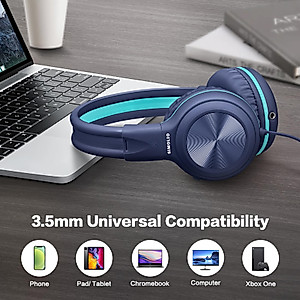 SIMOLIO Wired Kids Headphones for School with Microphone, Volume Limiting & Noise Cancelling PC Headset with Cord, Plug in Headphones for Tablet, Headphones with Cord for Laptop (Navy Blue)