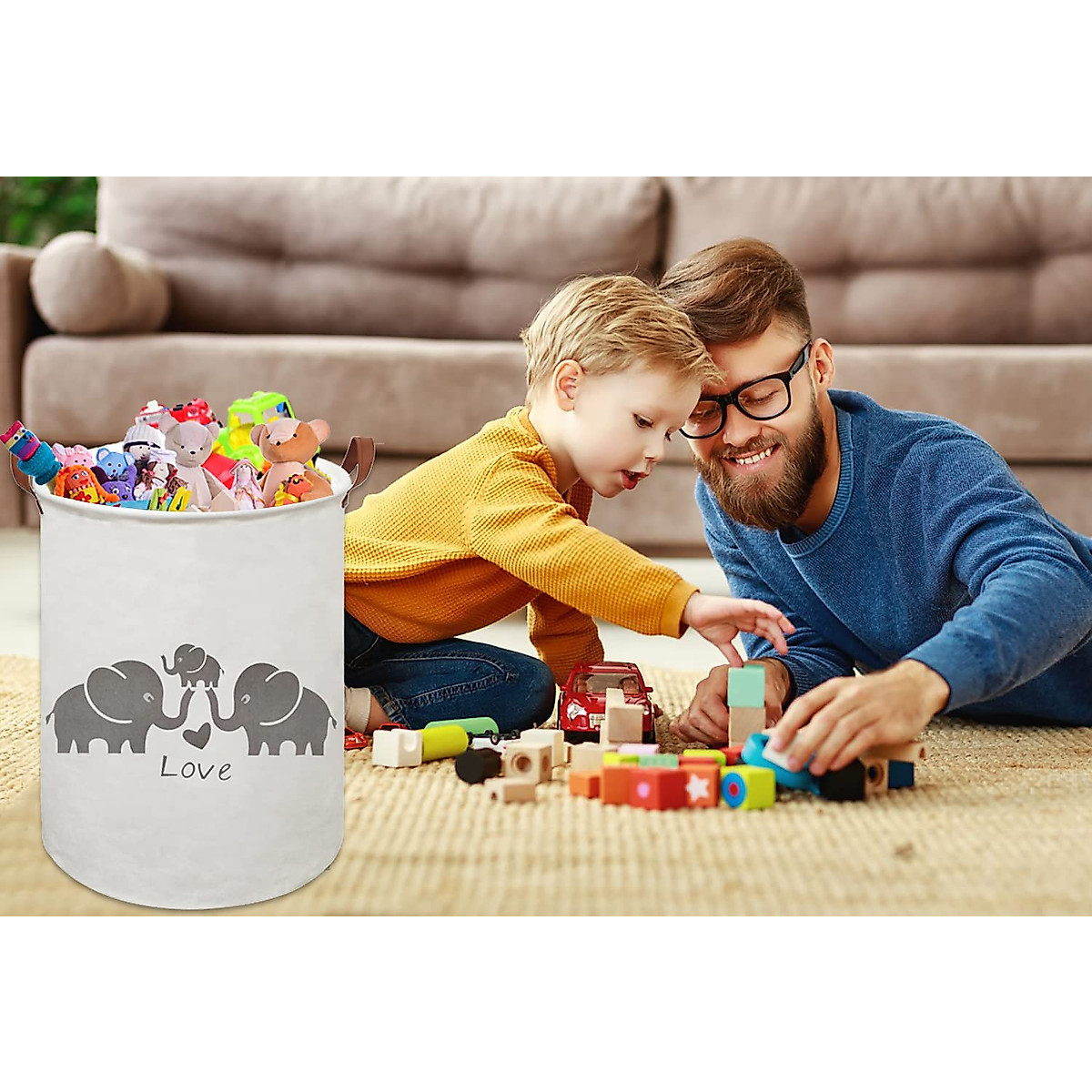 HIYAGON 19.7" x 15.7"Laundry Basket,Round Cotton Linen Storage Bin with Drawstring Cover for Bathroom/Closet/Toys Storage(Elephants)