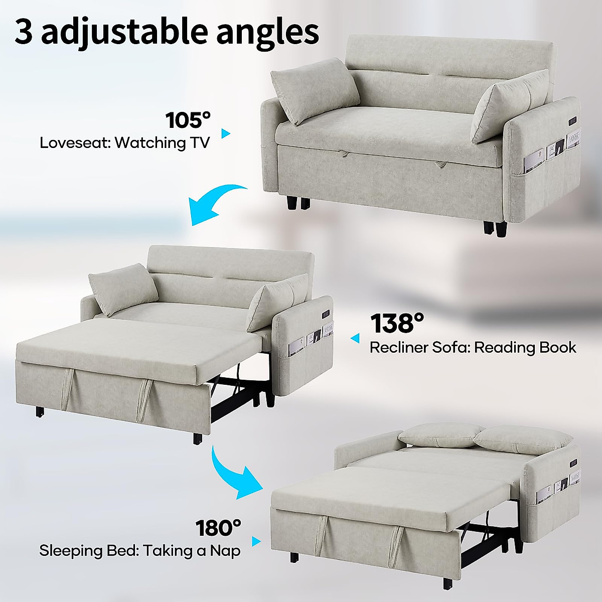 kejector Pull Out Sofa Bed Convertible Chair Bed Modern U Shaped Loveseat Sleeper Recliner Sofa Couch with Storage Pockets, Adjsutable Backrest, 2 Pillows, USB Ports for Living Room, Apartment, Office