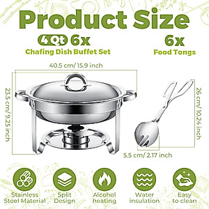 6 Pack Round Chafing Dish Buffet Set with Food Tongs 4 qt Stainless Steel Round Chafers for Catering, Buffet Server and Warmer Set Chafers Food Warmers for Party Banquet Wedding Events