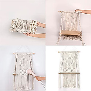 Single Tier Macrame Boho Wall Hanging Shelf, Handmade Bohemian Wooden Woven Plants Floating Shelves Decor,