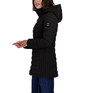 Nautica Women's 3/4 Midweight Stretch Puffer Jacket with Hood, Black, X-Small