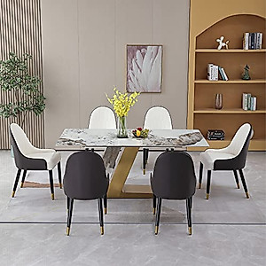 HomSof 71" Contemporary Dining Table Sintered Stone Z Shape Pedestal Base in Gold Finish with 6 pcs Chairs,Gold+White+Black