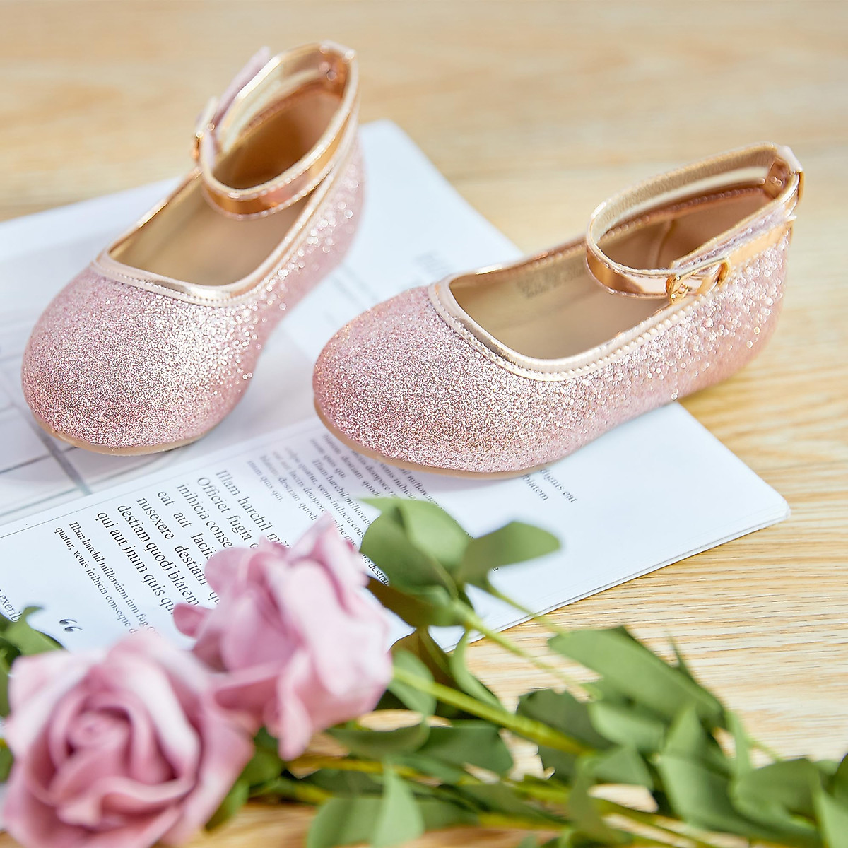 Flaryzone Toddler/Little Girls' Glittery Ankle Strap Mary Jane Flats Wedding Flower GILR Princess Dress Shoes (Pink,Toddler-Size 9)