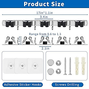 romise Mop Broom Holder Wall Mount, Laundry Broom Holder Organizer Storage Tool Wall Hanging with 5 Racks 4 Hooks, Stainless Steel Heavy Duty Garage Self Adhesive Tool Hanger for Home Garden Kitchen
