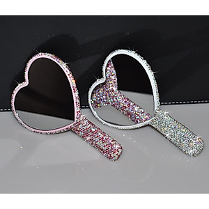 Wowagoga Sparkling Rhinestone Heart Shaped Handheld Mirror Heart Mirror Cosmetic Hand Mirror with Handle Cute Hand Mirror for Women Girls(White)
