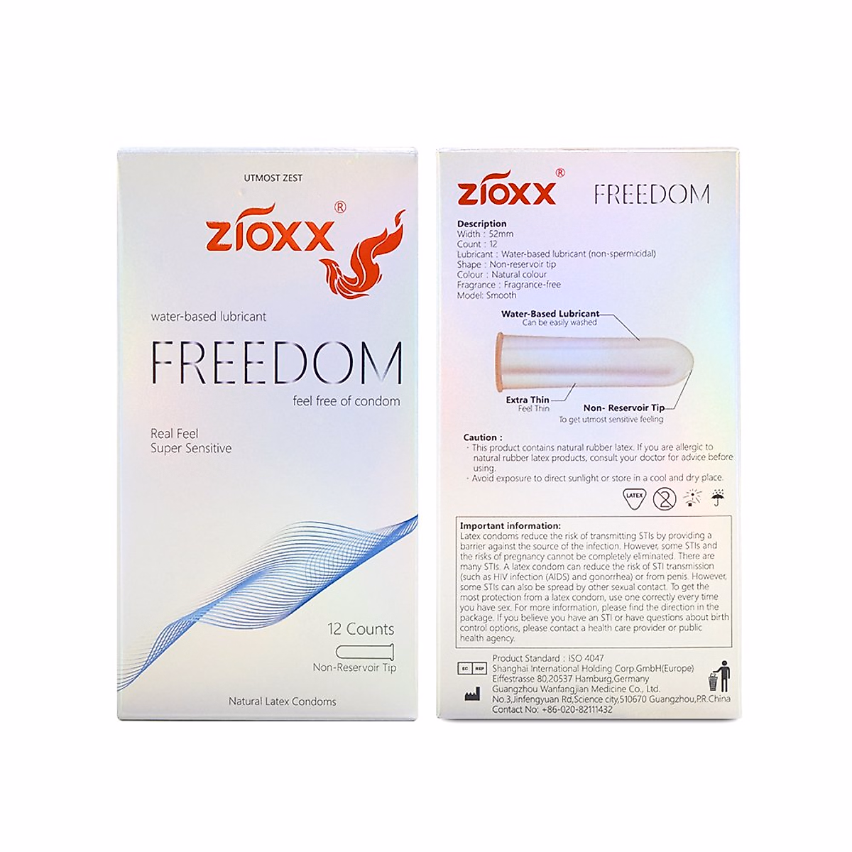Zioxx " Thinnest" Freedom Condoms, Water Based Lube, 12 Pack Medium Size(Silver)
