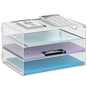 DALTACK 3 Tier Letter Tray Paper Organizer with Handle, Mesh Desk File Organizer, Paper Tray Desk Organizer for School Office Home, Metal Mesh, White