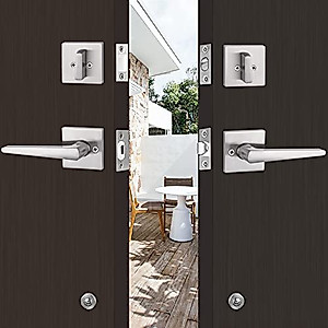 HISAFE Front Door Handle Double Door Lock Set with Camelot Trim in Satin Nickel, Entrance Handle Set with Deadbolt and Lever, X-2018SET