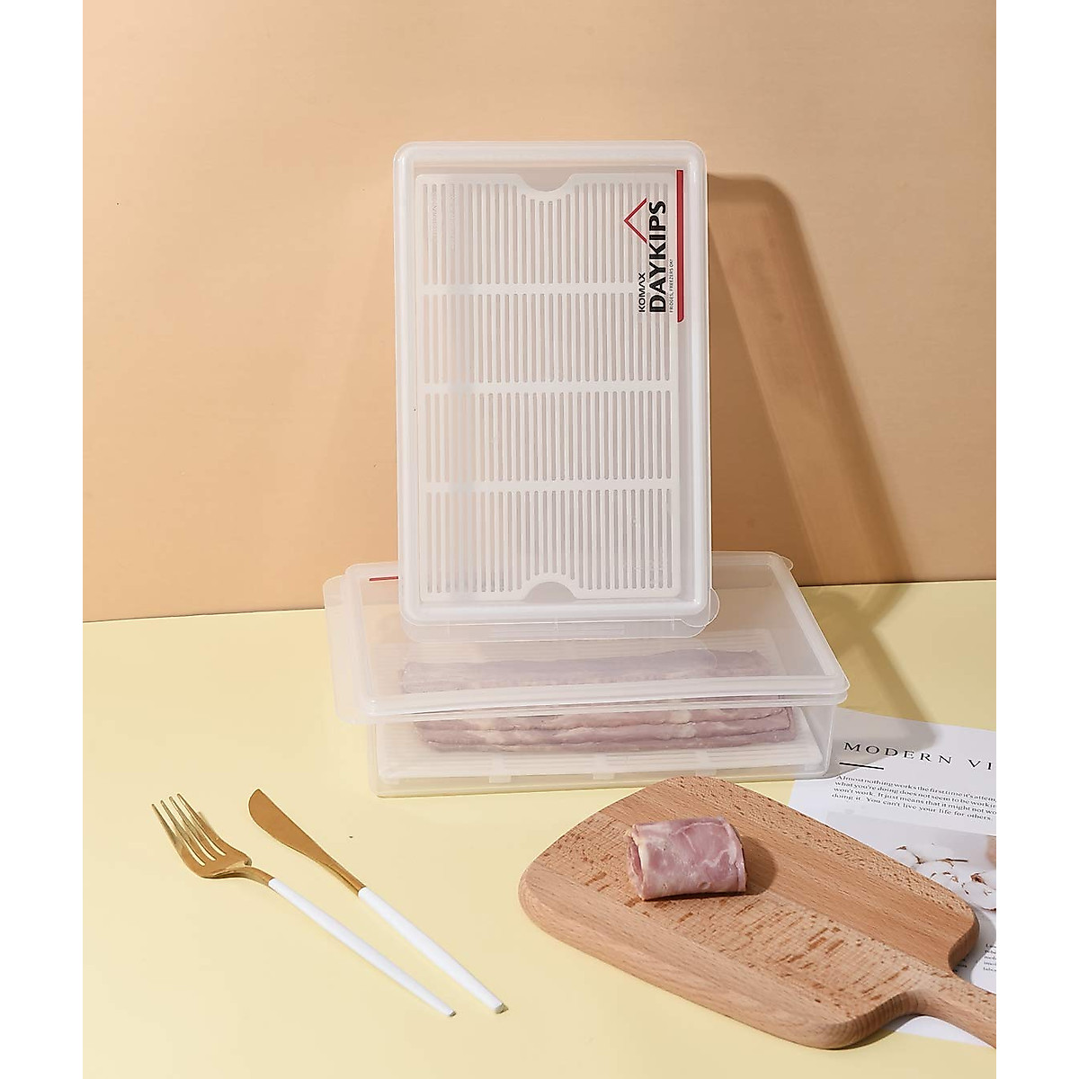 Komax Daykips Bacon Container for Refrigerator – BPA-Free Refrigerator & Freezer Containers for Food – Bacon Keeper for Refrigerator w/Dripping Tray for Bacon, Deli Meat & Cheese Storage (Set of 2)