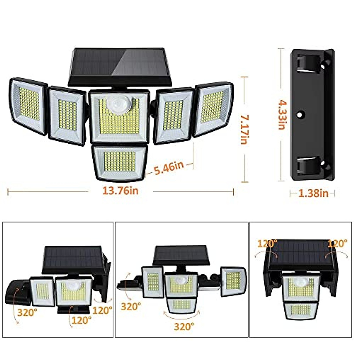 DazzLiteer Solar Lights Outdoor, 496 LEDs Motion Sensor Light, 6 Adjustable Heads 320° Wide Angle Flood Light, 3 Lighting Modes IP65 Waterproof Security Lights for Patio Perimeters, Garden (1 Pack)