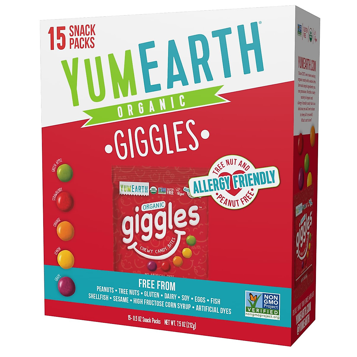 YumEarth Organic Giggles Chewy Candy – Allergy Friendly, No Artificial Dyes, Non GMO, Gluten Free, Fruit Flavored, Vegan Candy Snacks with No Artificial Flavors, 0.5 oz (Box of 15)​