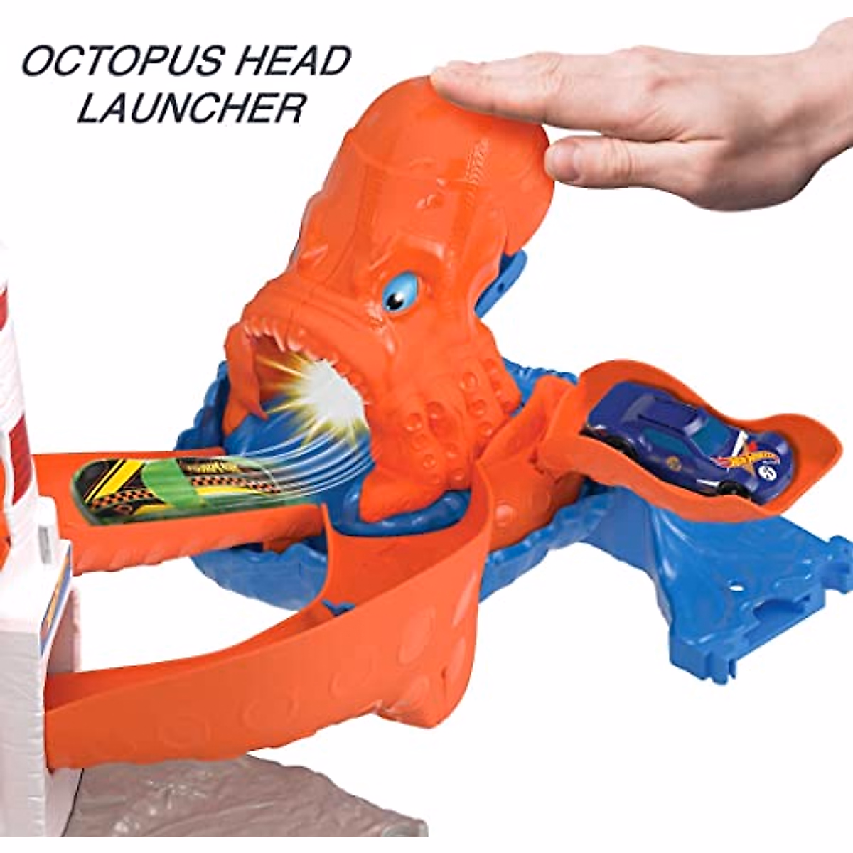 Hot Wheels Toy Car Track Set City Octopus Invasion Attack Playset, Octopus Launcher, 1:64 Scale Car