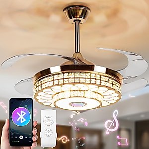 KPIBEST 42 inch Ceiling Fan with Light and Remote Control 3 Lights Levels, Modern Crystal Retractable Chandelier Fans with Bluetooth Music Speaker for Living/Dining Room Bedroom