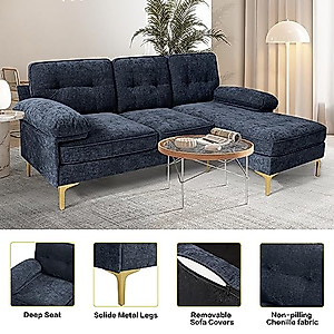 TEKAMON Navy Blue 82.7" Convertible Sectional Sofa Couch, 3 Seats L Shaped Retro Chenille Fabric Couch, Upholstered Comfy Reversible Sectional Sofa with Removable Washable Sofa Covers for Small Space