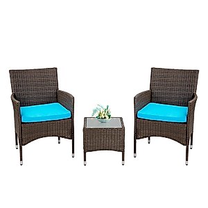 FDW Patio Furniture Sets 3 Pieces Wicker Bistro Set Outdoor Patio Set Rattan Chair Conversation Sets Patio Sofa Wicker Table Set for Yard Backyard Lawn Porch Poolside Balcony,Blue Cushion