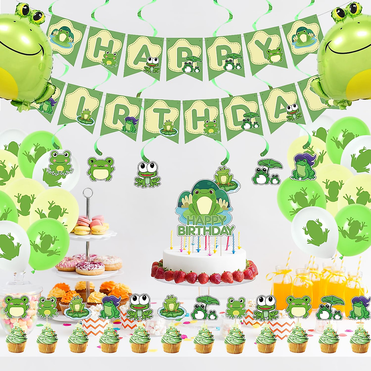 KEFAN Frog Birthday Party Supplies, Frog Birthday Party Decorations, Frog Themed Party Supplies Decor with Happy Birthday Banner, Cake Toppers, Balloons for Boys Girls Birthday Party1st Baby Shower