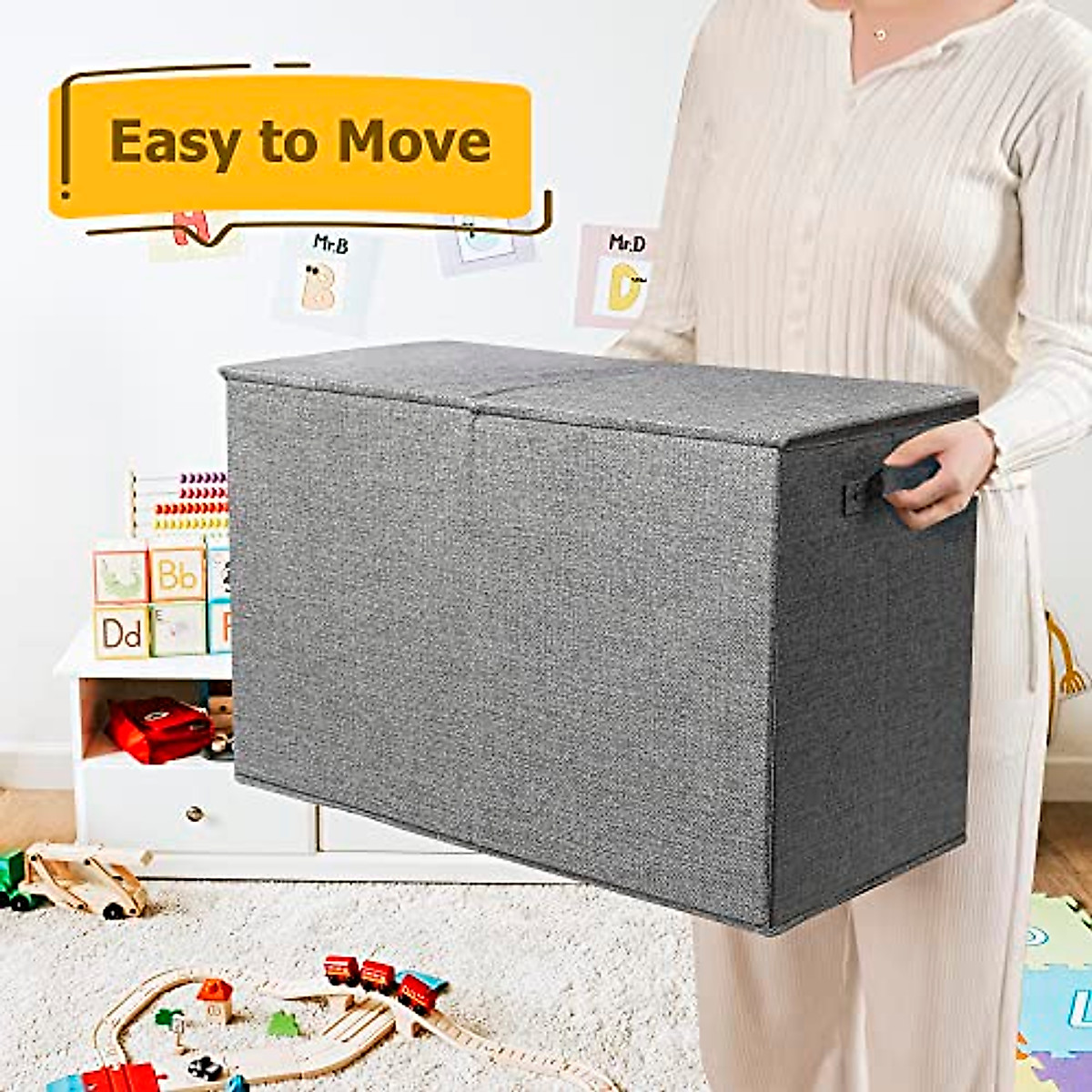 hibobi Large Toy Box with Double Flip-Top Lid, Collapsible Sturdy Toy Chest Storage Bins with Handles, Toy Storage Organizer for Kids Boys Girls Nursery,Playroom,Bedroom, 24.5"x13"x16", Gray