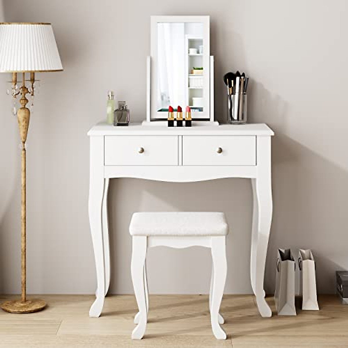 soges Makeup Vanity Table Set, 2-Drawer Dresser Desk, 360° Rotation Mirror, Cushioned Stool, Bedroom Dressing Table Set, White