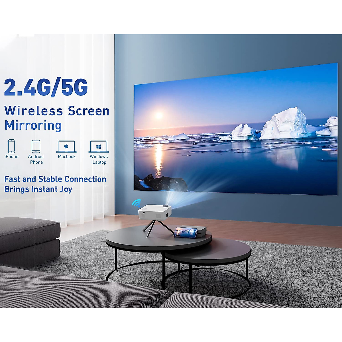 Projector 5G WiFi 1080P Native Projector, 4K Support 500 ANSI 13000L Max 300'' Display YZQ Projector for Gaming Teather and Outdoor, 50% Zoom 120000H Life, Compatible with Phones/Laptops/TV Stick/PS5