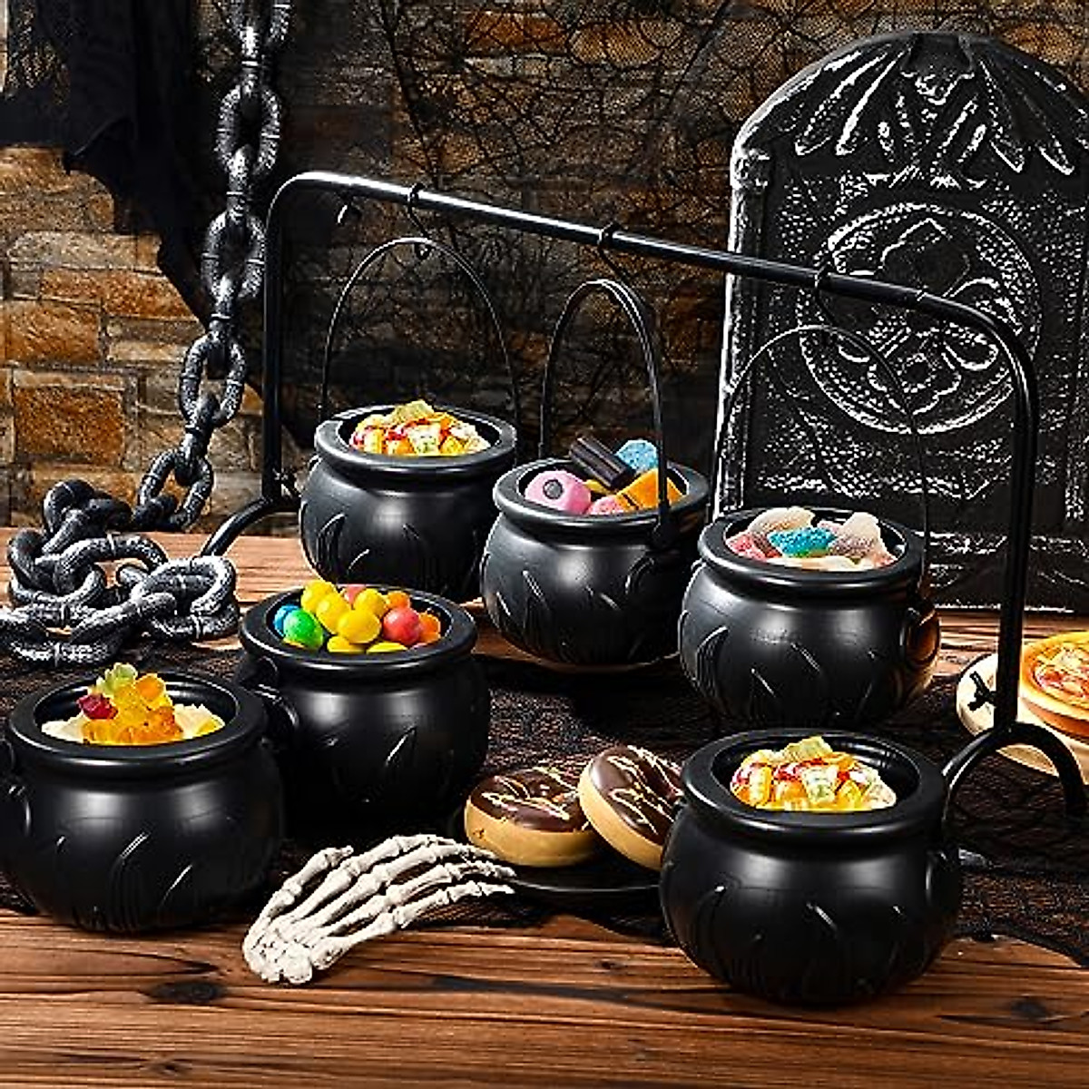 Tanlade Halloween Witch Cauldron, 3 Pcs Candy Serving Bowl on Rack with 3 Black Plastic Cauldron Bowls, Spooky Candy Bucket Punch Bowls for Halloween Party Table Home Decoration(Black)