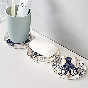 Absorbent Coasters Natural Ceramic Thirsty Stone Navy Blue Octopus Seahorse Crab Turtle Ocean Theme Coaster Set for Drinks Cork Backing (sea Animals)…