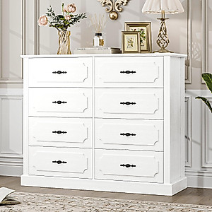 FINETONES White Dresser Chest of Drawers, 47.2“ Wood Dresser 8 Drawer with Steel Handles, Modern Dresser Drawers Floor Storage Cabinet for Living Room Hallway Office