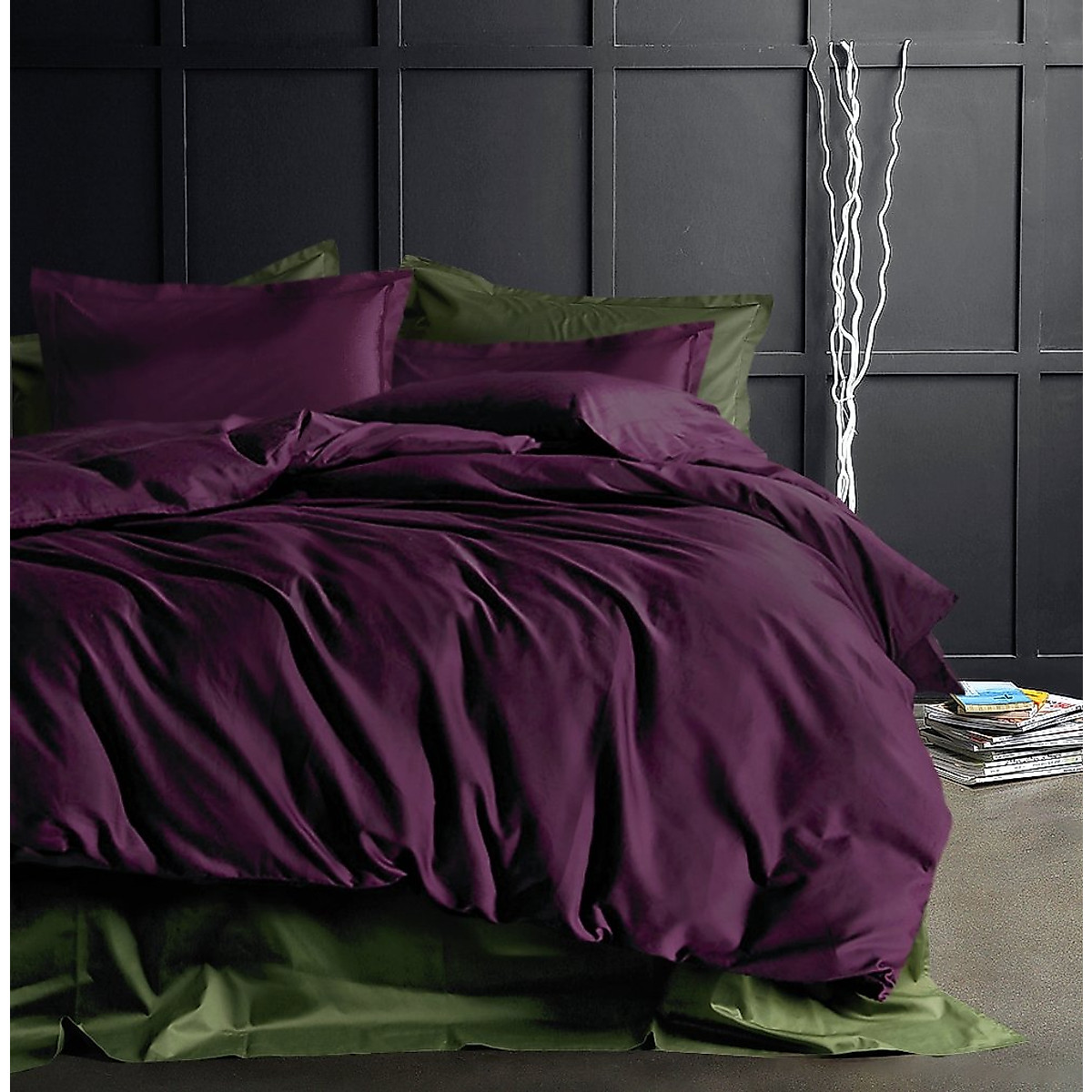 Solid Color Egyptian Cotton Duvet Cover Luxury Bedding Set High Thread Count Long Staple Sateen Weave Silky Soft Breathable Pima Quality Bed Linen (Queen, Deep Plum)