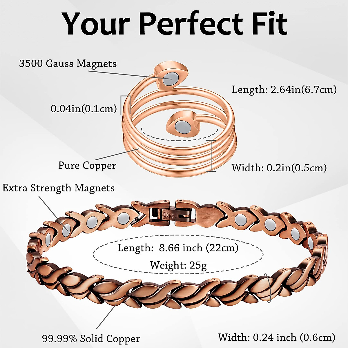 Feraco Copper Bracelet for Women for 99.99% Solid Copper Magnetic Bracelets Unique X Shape Links Magnet Jewelry (Fishtail with Ring)