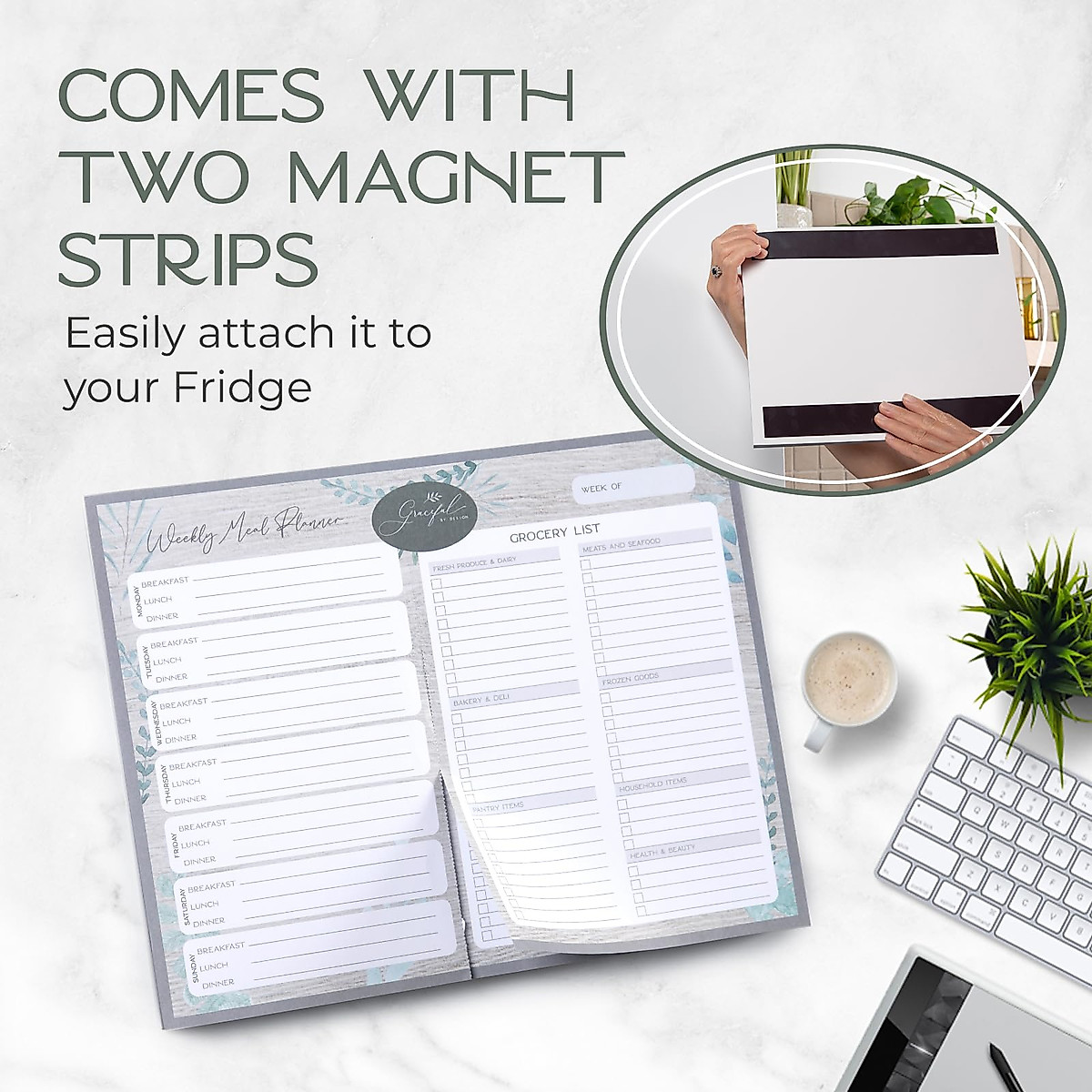 Graceful By Design Weekly Meal Planner and Grocery List Magnet Pad For Fridge or Wall - Weekly Menu Board For Kitchen and Meal Planner Magnetic with Tear-Off Grocery List Notepad - 8.5" x 11"