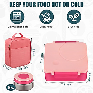 Bento Lunch Box for Kids with 8oz Soup Thermo&Lunch Bag, Leak-Proof Lunch Food Containers with 4 Compartment, Hot Food Insulated Food Jar for Kids School (Pink)