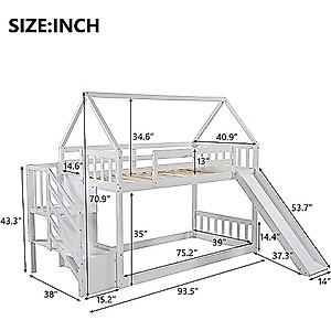Harper & Bright Designs House Bunk Bed with Stairs,Wooden Kids Bunk Bed Twin Over Twin with Slide, Twin Size Floor Bunk Bed for Girls Boys, No Box Spring Needed, White
