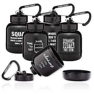 OnMyWhey - Protein Powder and Supplement Funnel Keychain, Portable to-Go Container for The Gym, Workouts, Fitness, and Travel - TSA Approved, Punny Variety 5-Pack