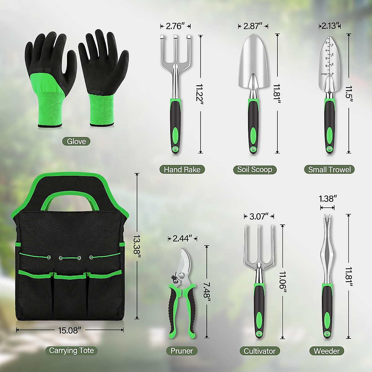sungwoo Garden Tool Set 8 Piece, Heavy Duty and Lightweight Aluminium Alloy Tools with Ergonomic Handle, Storage Tote Bag, Gardening Hand Tools, Gardening Gifts for Women and Men Green