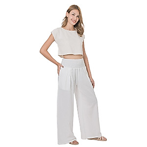 LOFBAZ Women Summer Flowy Cotton Linen Palazzo Wide Leg Pants Beach High Waisted Trousers Boho Long Lounge Pant with Pockets White XL