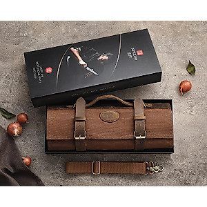 XINZUO Chef Knife Roll Bag-Professional Chef Knife Case-16oz Waxed Canvas and Crazy Horse Leather -With 12 Slots Plus 2 Zipper Pockets to Hold Kitchen Cooking Tools-Travel Tool Roll Pouch(Bag Only)