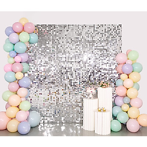 Shimmer Wall Backdrop Panels 24Pcs Square Silver Sequin Shimmer Backdrop Decor for Wedding, Anniversary, Birthday Party Decoration.