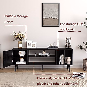 Yusong TV Stand for 55/65 inch TV, Mid Century Modern TV Console Table, Media Entertainment Center with Storage for Living Room Bedroom, Wood TV Cabinet, Oak Black