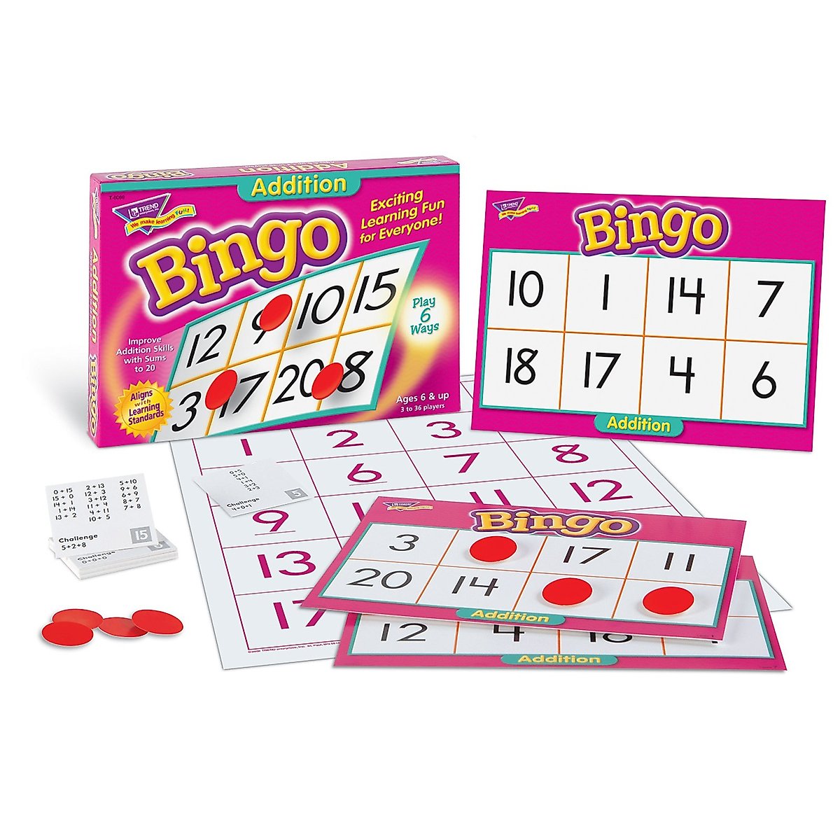 Trend Enterprises: Addition Bingo Game, Exciting Way for Everyone to Learn, Play 6 Different Ways, Great for Classrooms and at Home, 2 to 36 Players, for Ages 6 and Up