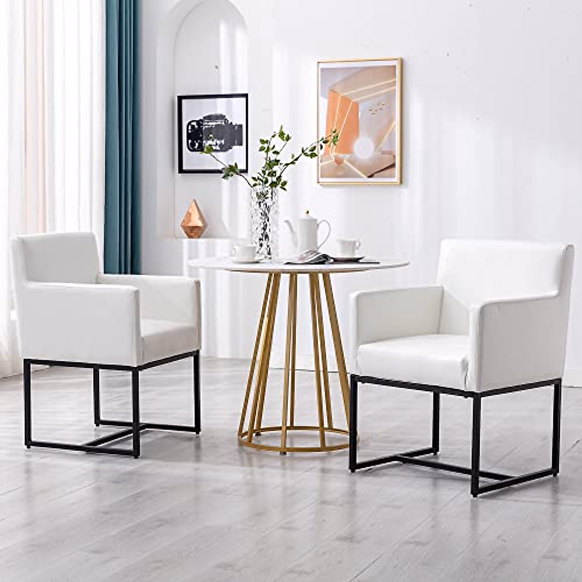 VESCASA Faux Leather Upholstered Dining Chairs with Arms, Mid Century Modern Padded Kitchen Chair with Black Metal Frame for Restaurant, Dining Room, Set of 6, White