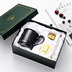 TILANY Ceramic Coffee Mug With Constellation Design - Black Tea Mugs With Golden Spoon & Tea Infuser - Large Porcelain Cups - Coffee Pottery Cup With Zodiac Sign - 13.5oz Cup Gift Set (Taurus)