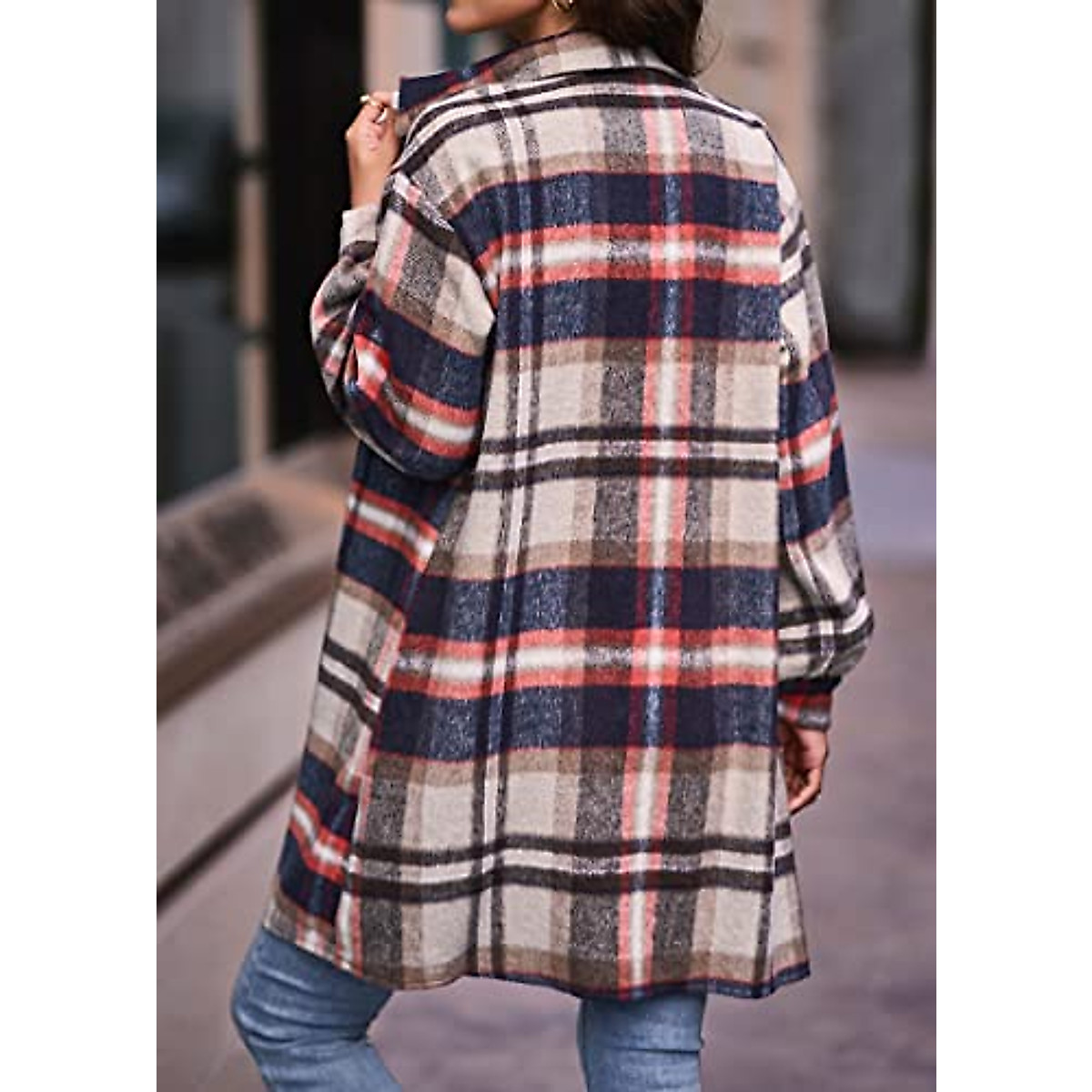 BTFBM Women's Corduroy Shacket Jacket Shirts Lapel Long Sleeve Oversized 2023 Fall Winter Button Down Shirt Dress Pocket(Plaid Khaki, Medium)