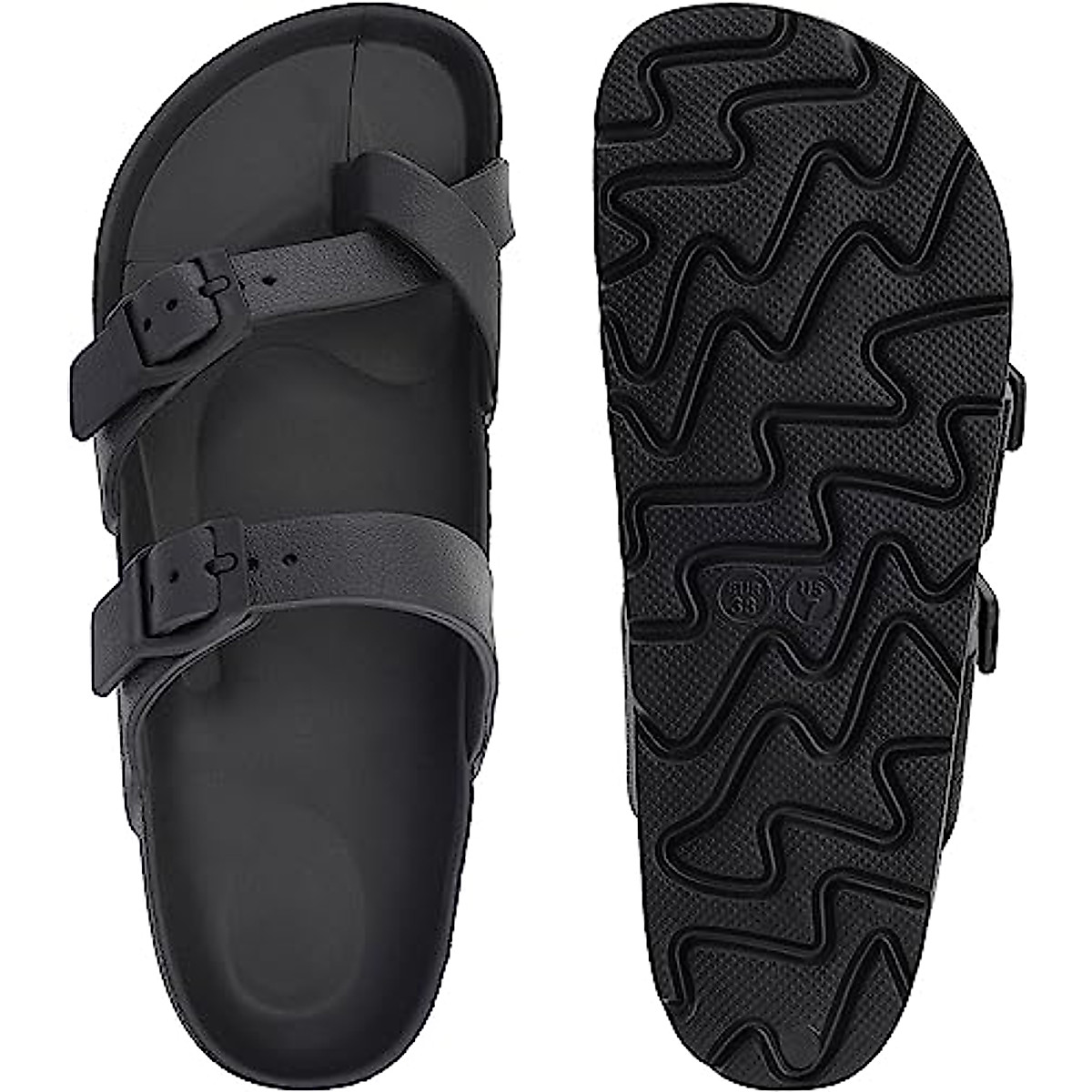 WHITIN Women's Platform Sandals with Arch Support Comfortable Size 8 Rubber Toe Loop Pillow Slides Slip on Lightweight EVA Thick Soles Adjustable Buckle Ultra Cushion Blak