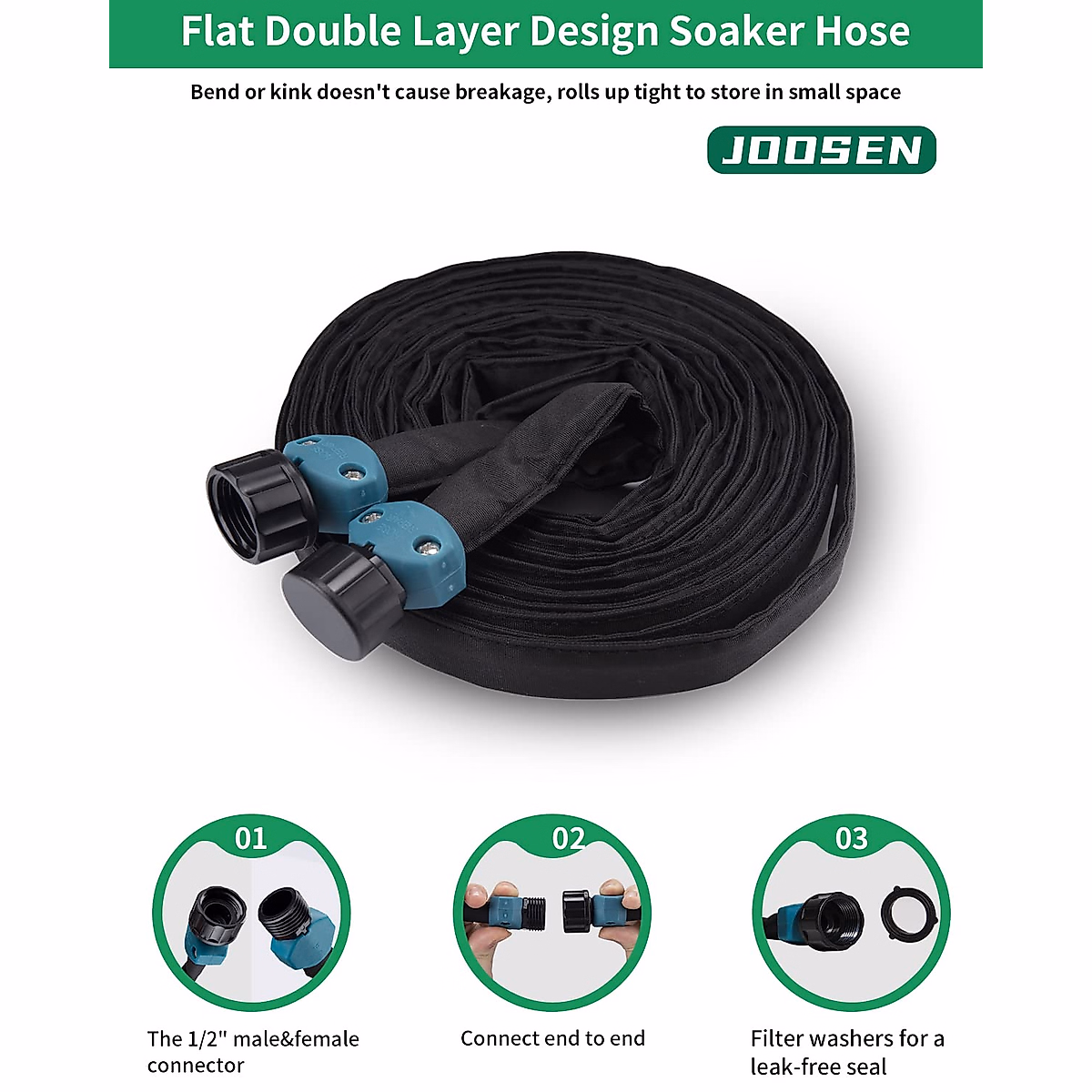 JOOSEN Soaker Hose 50ft 1/2" Flat Double Layer Consistent Drip Hose Saving 80% Water Leakproof Kink Free Vegetable Garden Pvc Hose