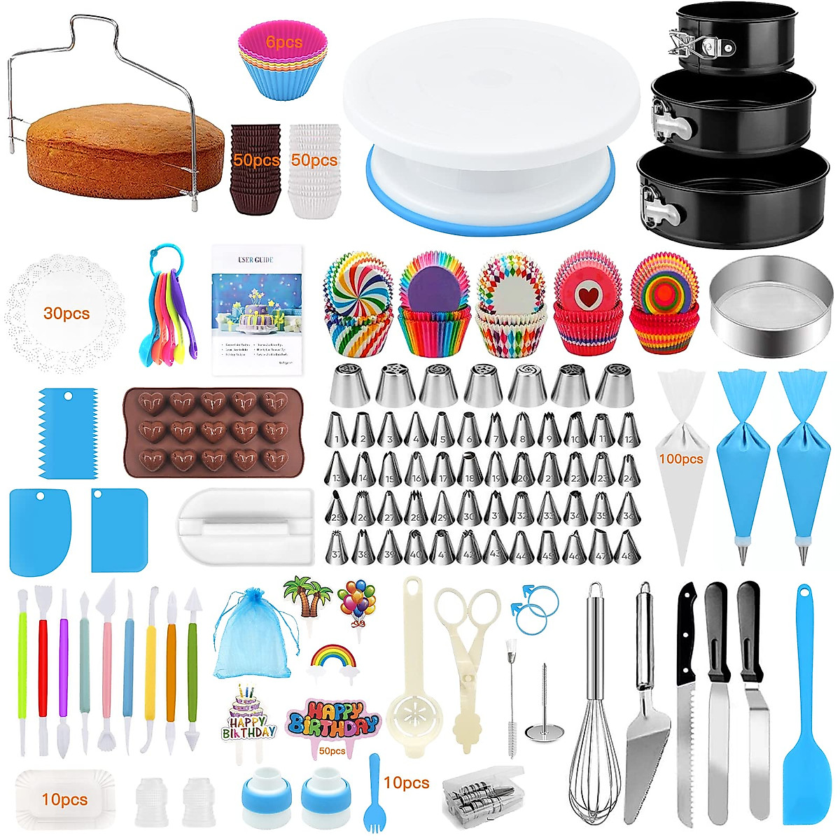 Cake Decorating Supplies, 507 PCS Cake Decorating Kit 3 Packs Springform Cake Pans, Cake Rotating Turntable, 48 Piping Icing Tips, 7 Russian Nozzles, Chocolate Mold Baking, Mother's Day Gift Ideas