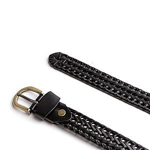 ECHAIN Women Braided Woven Genuine Leather Narrow Belt 25mm Wide (Black, waist:23-28)