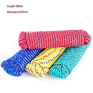 SunnyFence 3/8”, 200ft / 61m, (4 Packs X 3/8” X 50ft) Diamond Braided Polypropylene Premium Rope/Ropes Heavy Duty Rope with Red/Yellow/Blue/Green