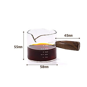WALNUT COFFEE 75ml Colored Espresso Shot Glass Double Spouts with Walnut Handle, Measuring Triple Pitcher Milk Cup with 2 Spouts, Coffee Measuring Cup Glass with Walnut Handle for Barista (Clear)
